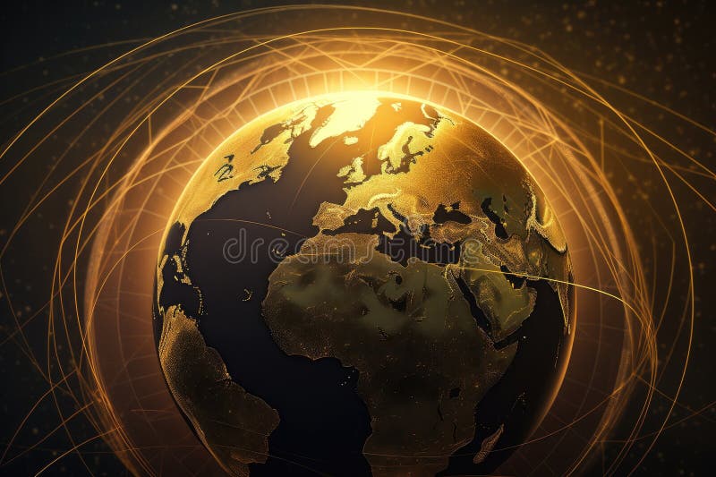 Sun Rising Over the Globe, with Golden Rays Highlighting the Map Lines ...