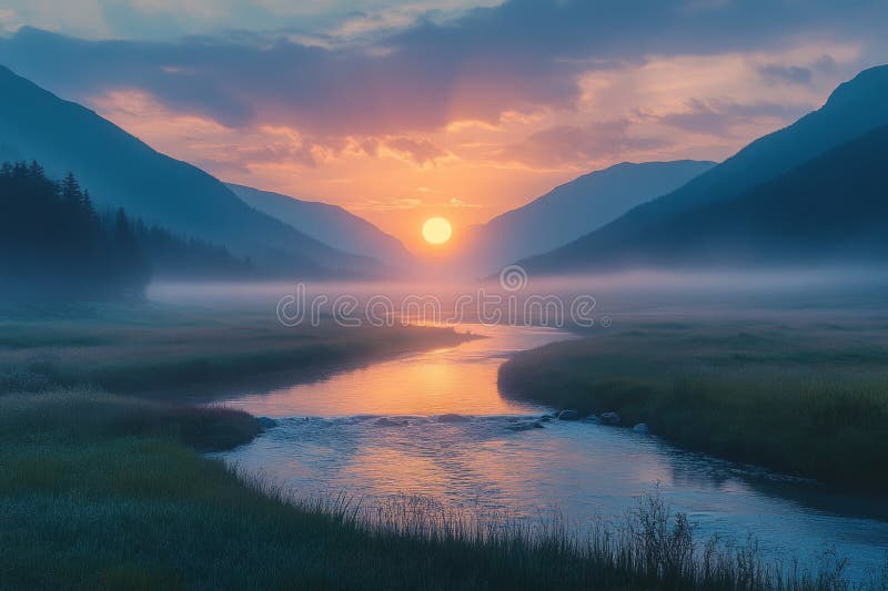 Sun Rising Over Misty Valley with River Flowing through Grasslands ...
