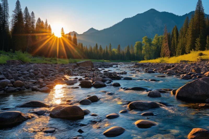 The Sun is Rising Over a River in the Mountains Stock Illustration ...