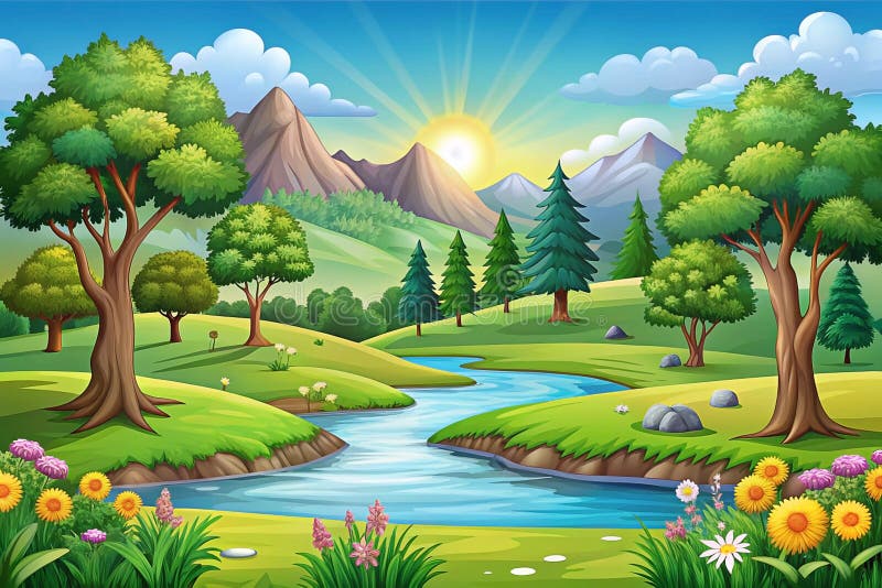 Sun Rising Over Serene Landscape with River, Mountains, and Lush ...