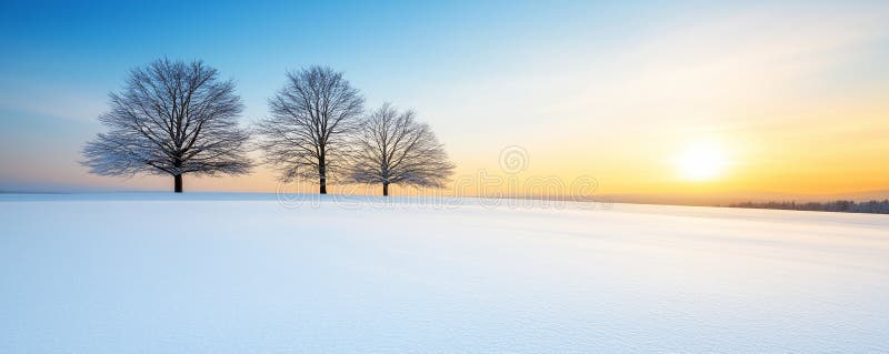 Sunrise Over a Snow-covered Landscape, with Long Tree Shadows Stock ...