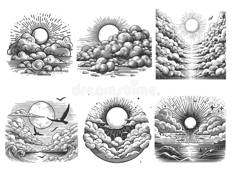 Sun and Sky with Clouds Engraving Set Vector Stock Vector ...