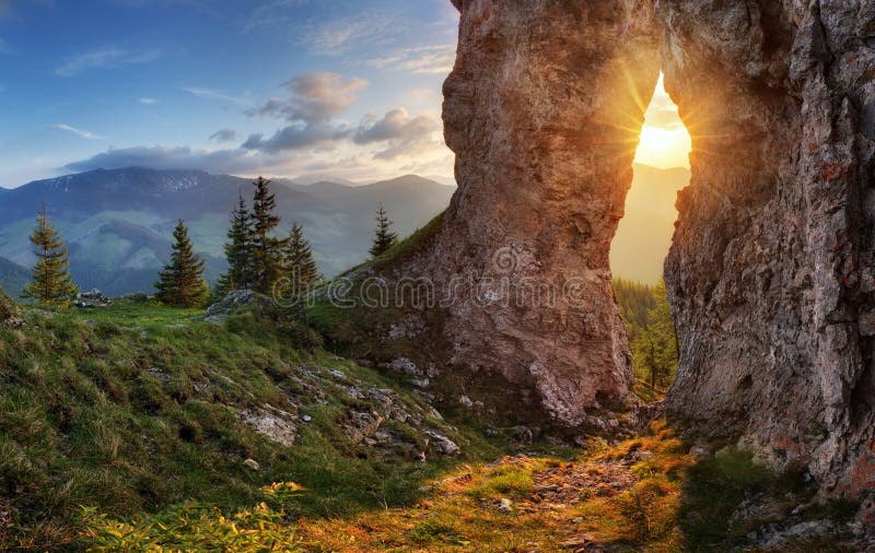 Rock Window in Mountain Landscape Stock Photo - Image of dumbier, hill ...