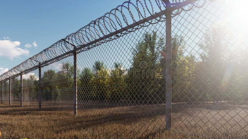 The Sun`s Rays and Autumn Trees are Visible through the Metal Prison ...