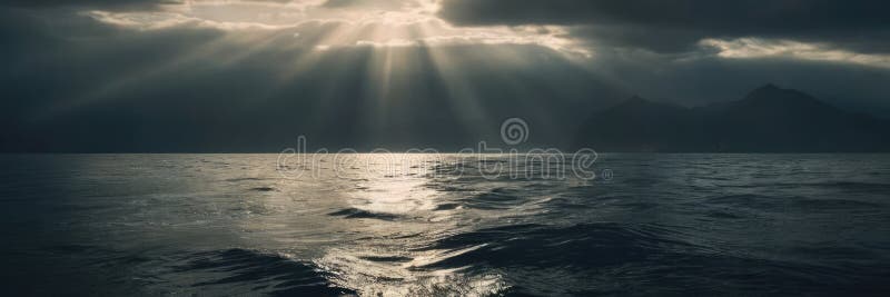 The Sun S Rays through the Dark Clouds Fall into the Sea Stock ...