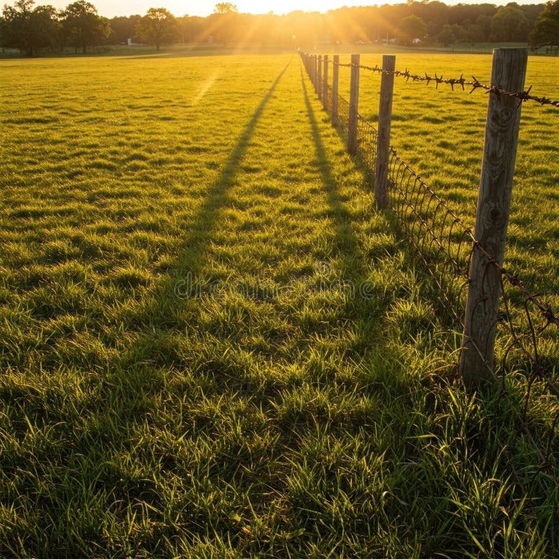 The Sun S Rays Illuminate the Field Behind the Fence. Stock Image ...