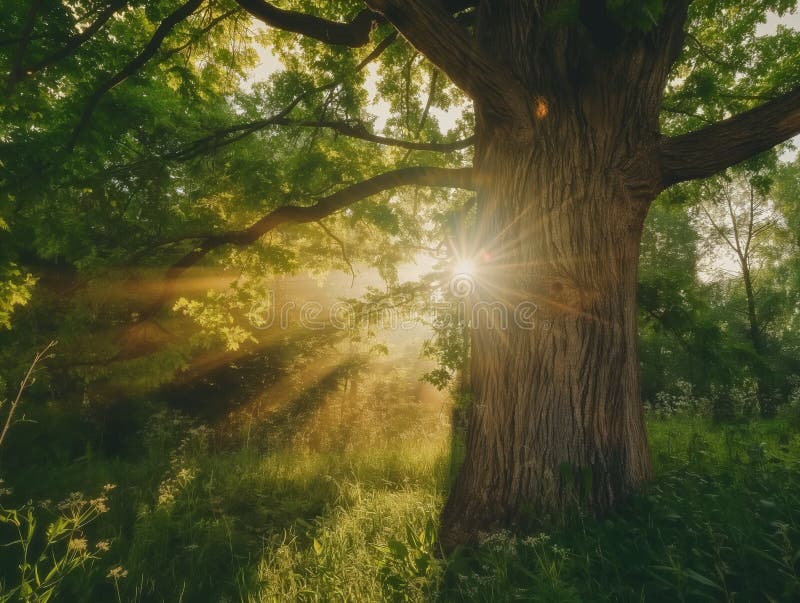 The Sun S Rays Pass through the Foliage of the Tree in the Forest Stock ...