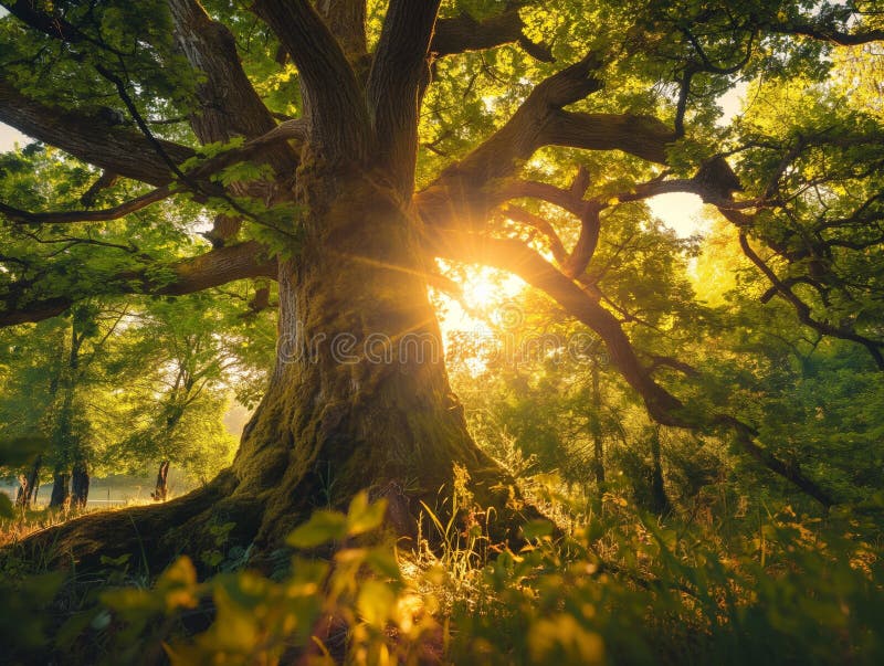 The Sun S Rays Pass through the Foliage of the Tree in the Forest Stock ...