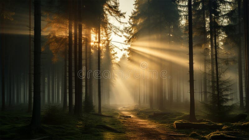The Sun S Rays Penetrate into the Foggy Forest Stock Photo - Image of ...