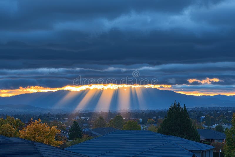 The Sun& X27;s Rays Piercing the Clouds at Dusk. Gorgeous Stock Photo ...