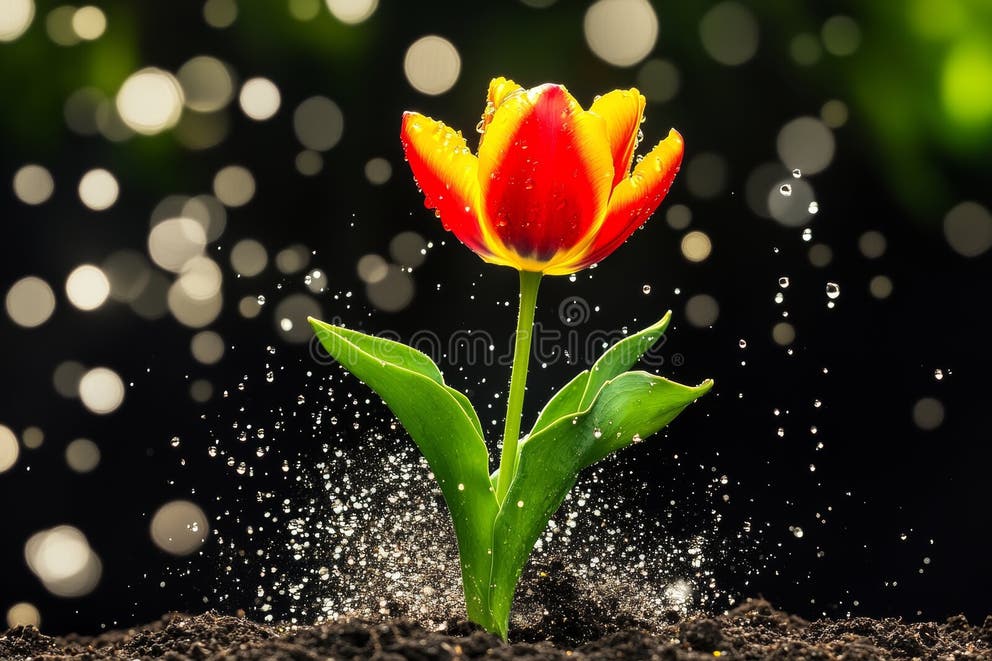 The Sun S Rays Reveal a Pink Bud Emerging from the Ground. Stock Image ...