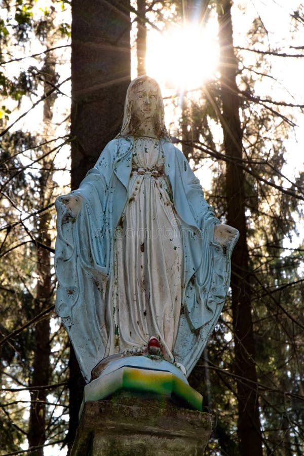 The Sun`s Rays Shine through the Trees on the Statue of the Virgin Mary ...