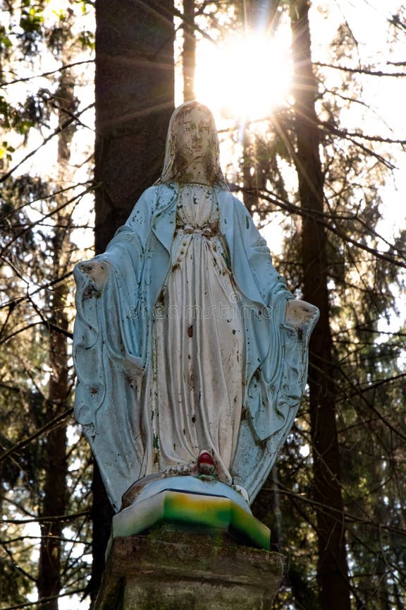 The Sun`s Rays Shine through the Trees on the Statue of the Virgin Mary ...