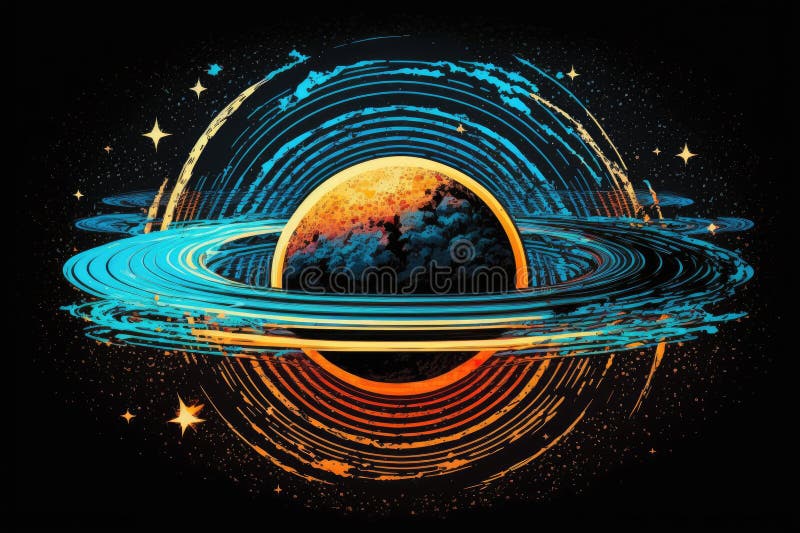 Sun and Saturns Rings, Stars, and Space Clouds Stock Illustration ...