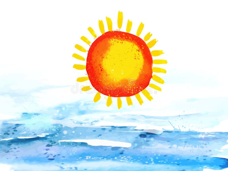 Sun and Sea Watercolor. Vector Illustration Stock Vector - Illustration ...