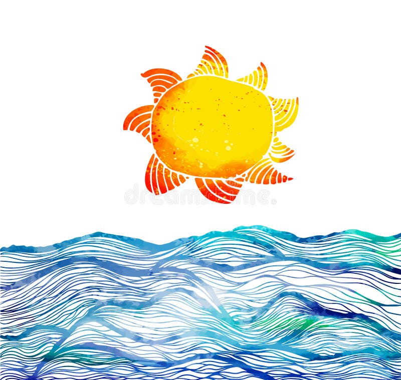 Sun and Sea Watercolor. Vector Illustration Stock Vector - Illustration ...
