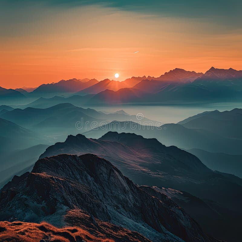 Sun Setting Over Mountain Range Stock Illustration - Illustration of ...