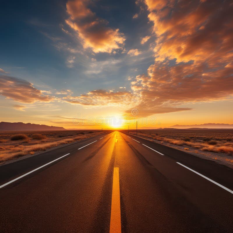 Sun Setting on Remote Highway Stock Illustration - Illustration of ...