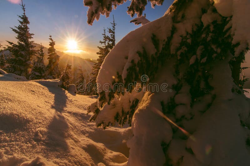 Sun Set in Mountains with Winter and Cold Scenery Stock Image - Image ...