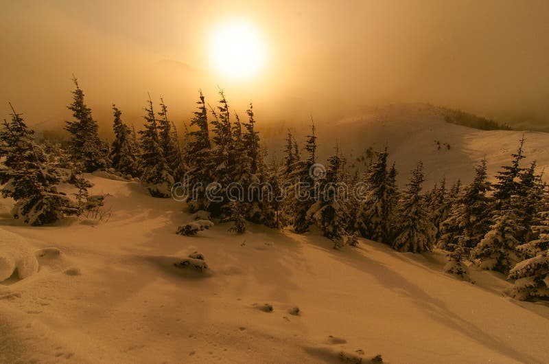 Sun Set in Mountains with Winter and Cold Scenery Stock Photo - Image ...