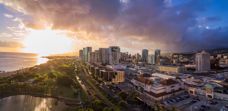 Sun Set Over Skyline of Honolulu Stock Photo - Image of office ...