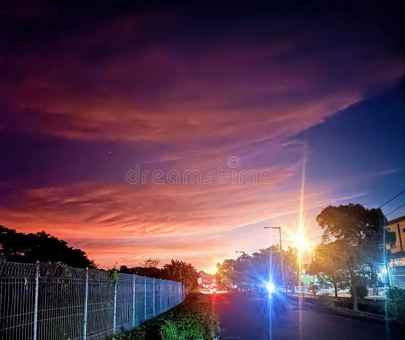 Sun Set and the Road with Lamp at Saturday Stock Image - Image of lamp ...