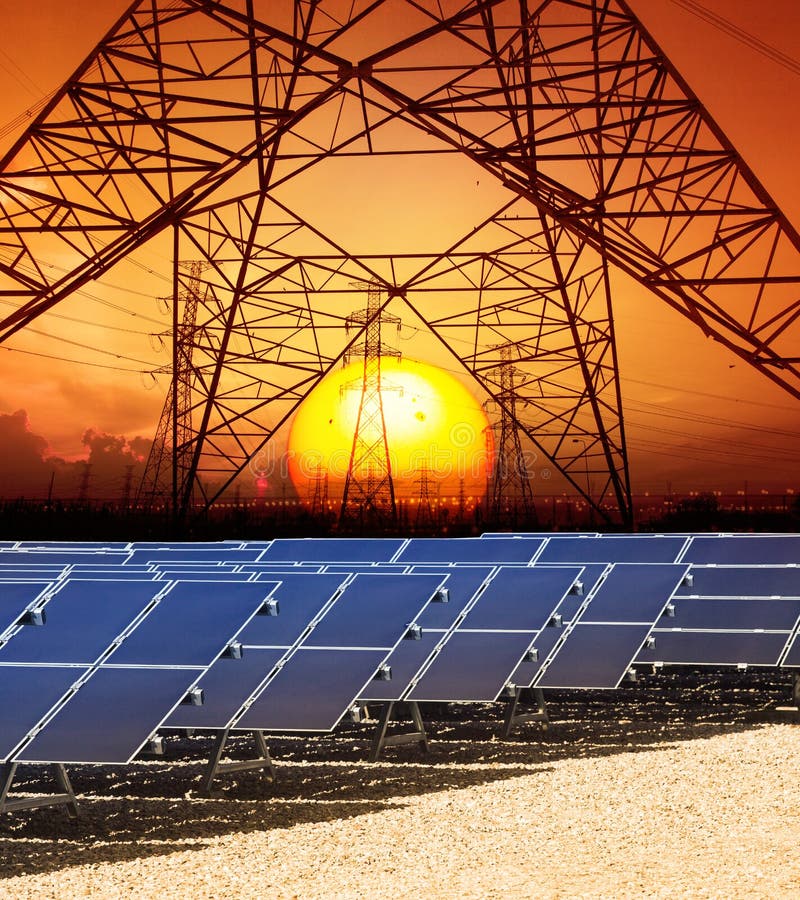 Sun Set with Structure of High Voltage Electric Power Tower and Stock ...