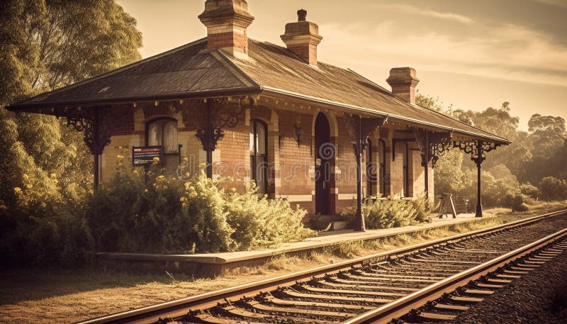 Sun Sets On Abandoned Railroad Station Platform Generated By Ai Stock Image Image Of Obsolete