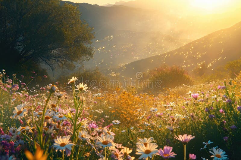 The Sun Sets in the Background of a Field Filled with Colorful ...