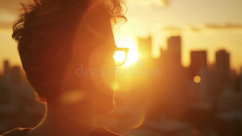 The Sun Sets Behind a Cityscape Casting a Deep Orange Glow on a Persons ...