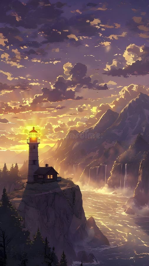 The Sun Sets Behind a Distant Lighthouse Iphone and Android Wallpaper ...