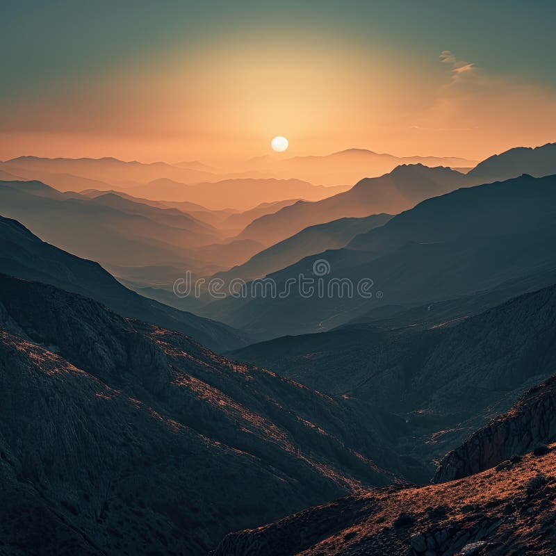 Sunset Over Mountain Range stock illustration. Illustration of warm ...