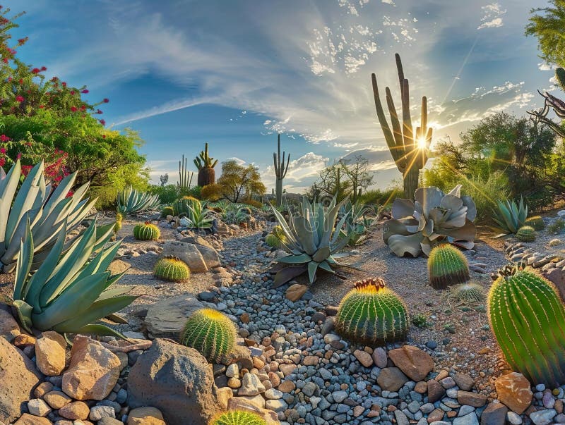 The Sun Sets Behind Many Small Cactus Plants in the Desert Stock Photo ...