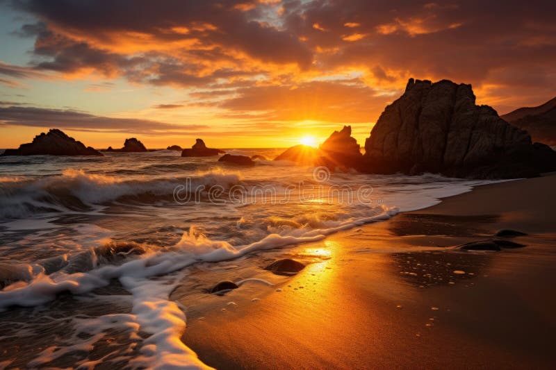 Sun Sets Behind Rock Formations on a Beach, Its Light Casting a Fiery ...