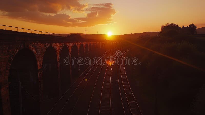 The Sun Sets Behind the Scenic Countryside Rail Bridge Casting an ...