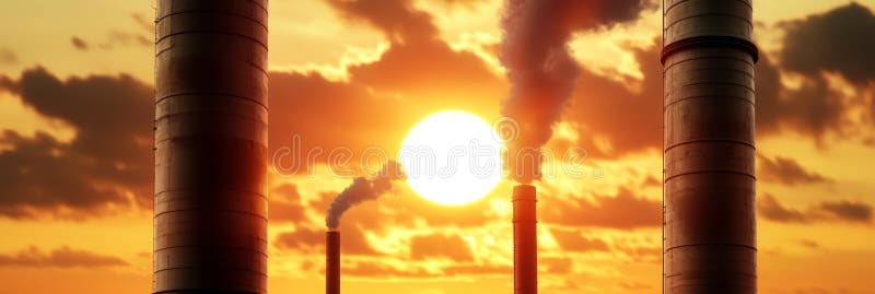 The Sun Sets Behind Smoke Stacks, Framed by a Cloudy Sky with Smoke ...