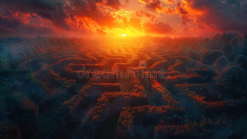 The Sun Sets Behind a Towering Hedge Maze Casting Long Shadows and ...