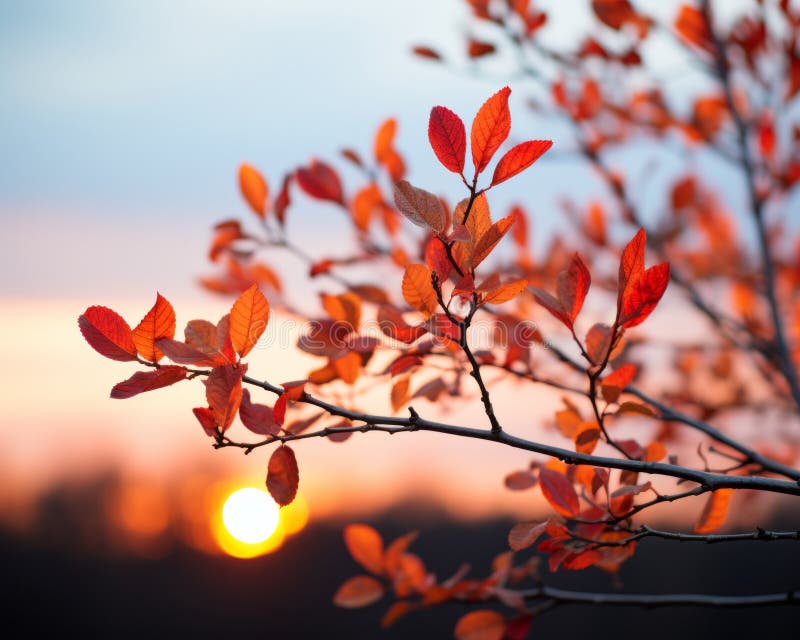 The Sun Sets Behind a Tree with Red Leaves Stock Illustration ...