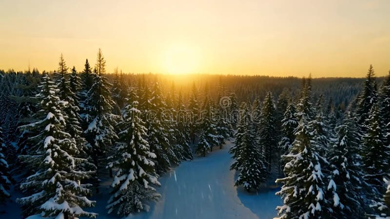 The Sun Sets, Casting a Golden Light on a Snowy Forest with a Winding ...