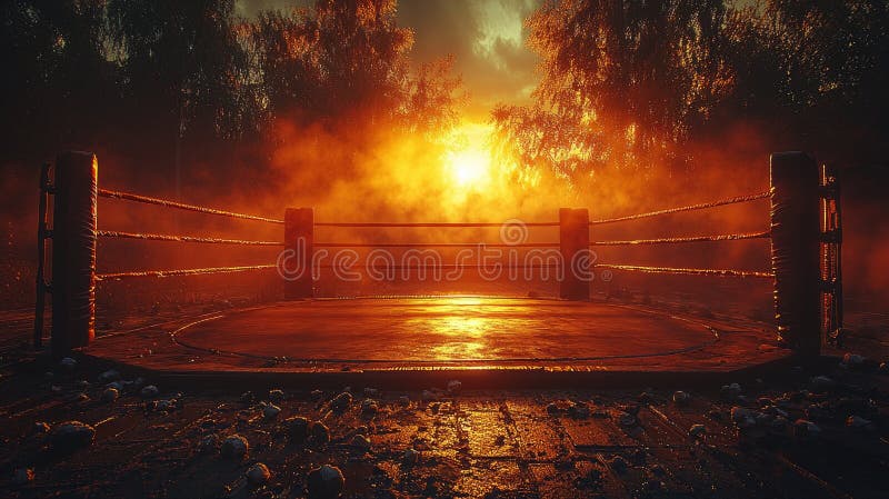 Sun Sets Dramatically Empty Boxing Ring Casting Golden Rays Mist ...