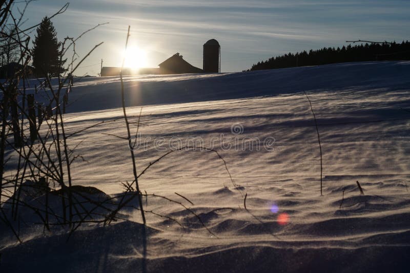 Winter farm sunset stock image. Image of night, building - 110021379