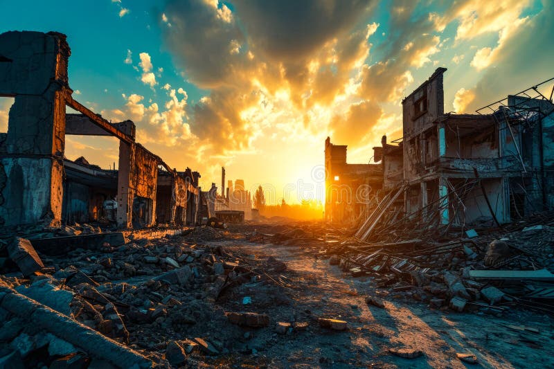 The Sun Sets in a Fiery Orange Sky Above a Building, Devastated by a ...