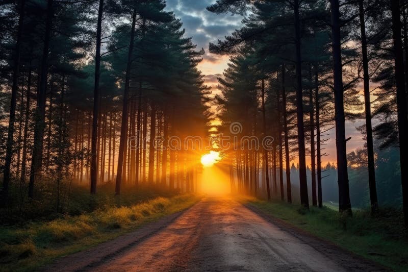 Setting Sun in Forest stock illustration. Illustration of sundown ...