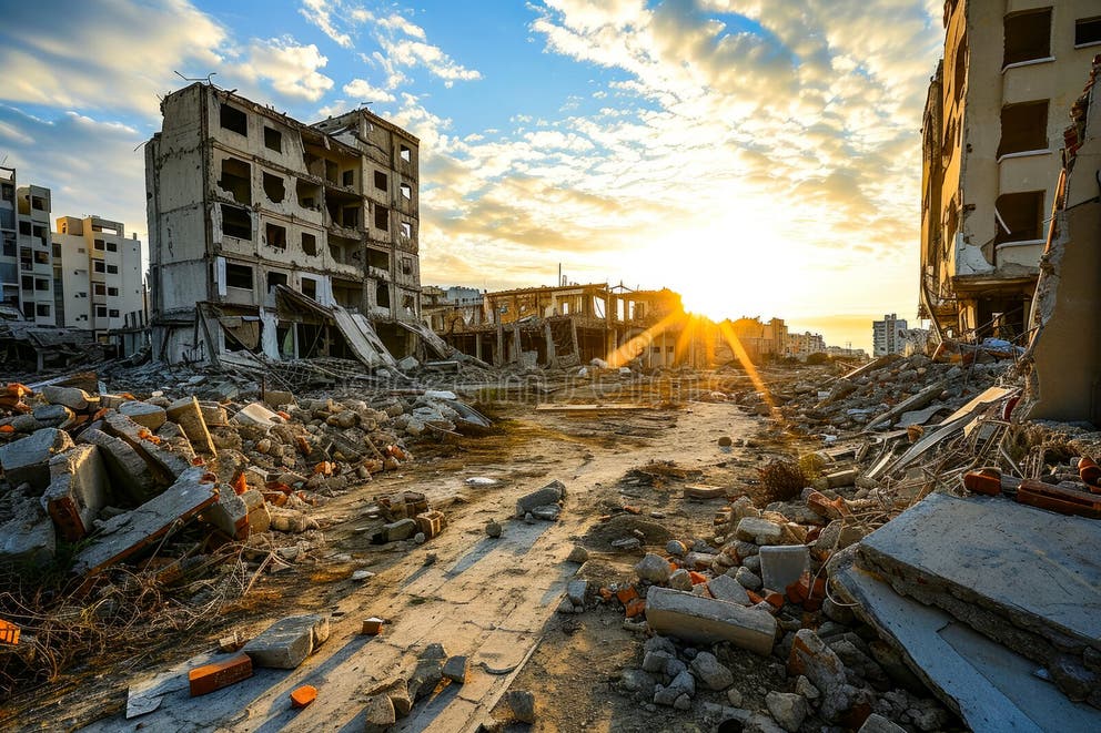 The Sun Sets Over a Building in Ruins, Revealing the Aftermath of a ...