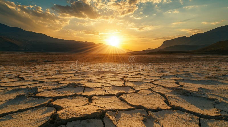 The Sun Sets Over a Cracked Desert Landscape, Showcasing the ...