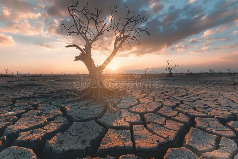 The Sun Sets Over a Desolate Landscape, Revealing Dead Trees Standing ...
