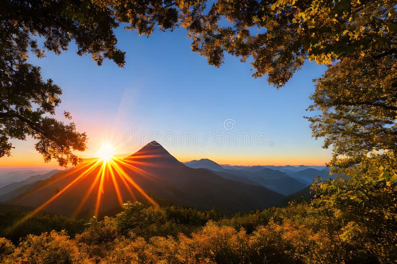 Sun Sets Over Mountain in the Forest Stock Illustration - Illustration ...