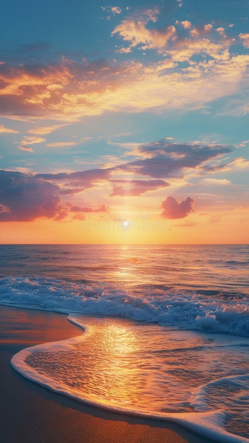 The Sun Sets Over the Ocean at the Beach, Casting a Golden Glow on the ...
