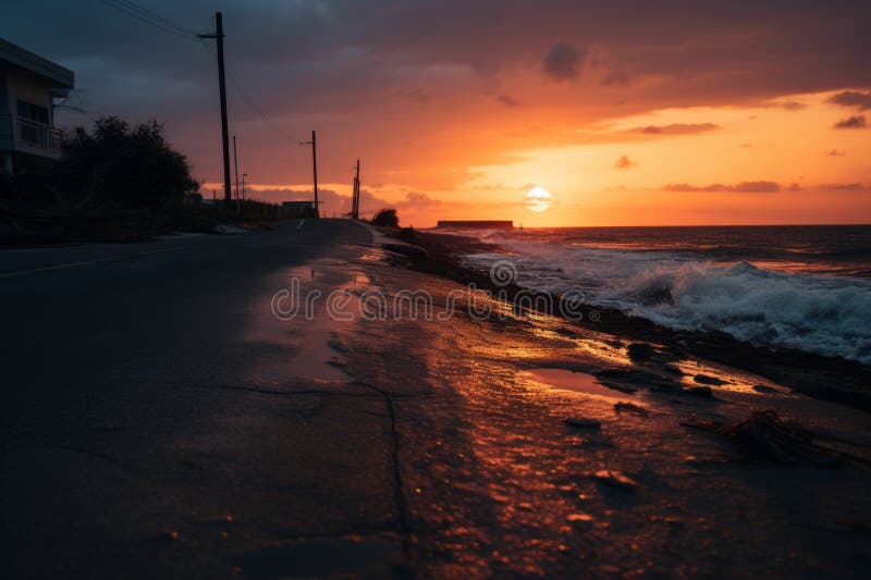 The Sun Sets Over the Ocean in Front of a Road Stock Illustration ...