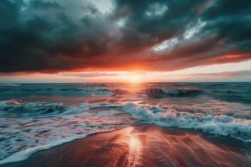 Sun Sets Over the Ocean on a Peaceful Beach Scene Stock Image - Image ...